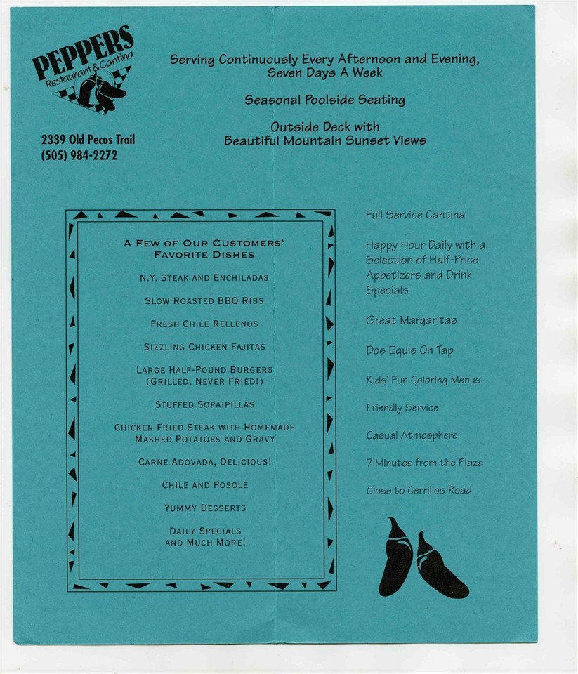Peppers Restaurant & Cantina Menu Old Pecos Trail Santa Fe New Mexico ...