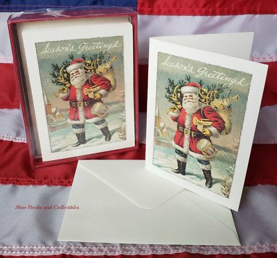 NEW Santa w Gift Bag & Tree Boxed Christmas Cards 10 Cards 10 Envelopes ...