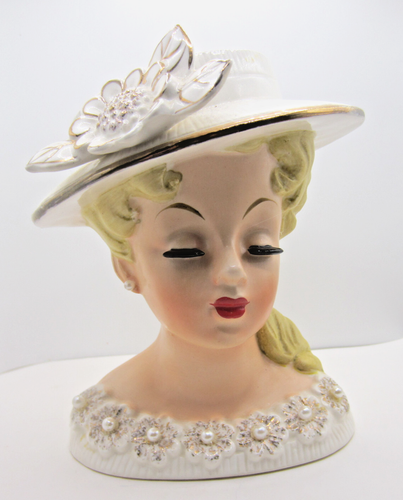 Rare, Vintage 1950s Rubens Lady Head Vase Japan #500 Flowers White Hat ...