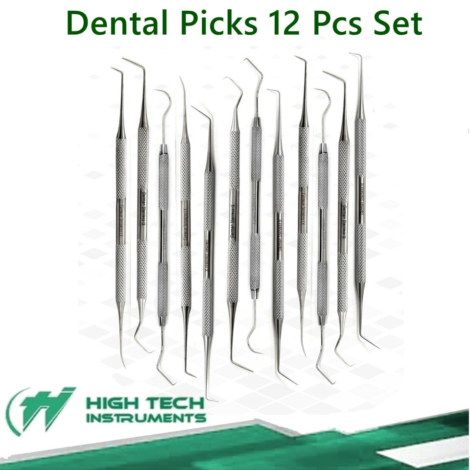 12pc STAINLESS STEEL Dental PICK SET, Tools Pick Scaler Teeth Cleaning ...