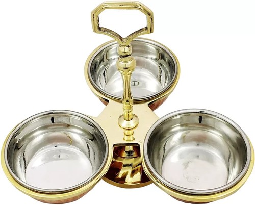 Copper Chutney Tray Gold Brass Handle Server 3 Pot Relish Pickle ...