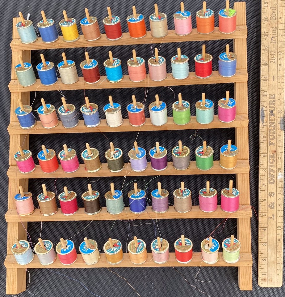 60 Coats And Clark’s Vintage Thread Spools With Wood Display Rack VGVC ...