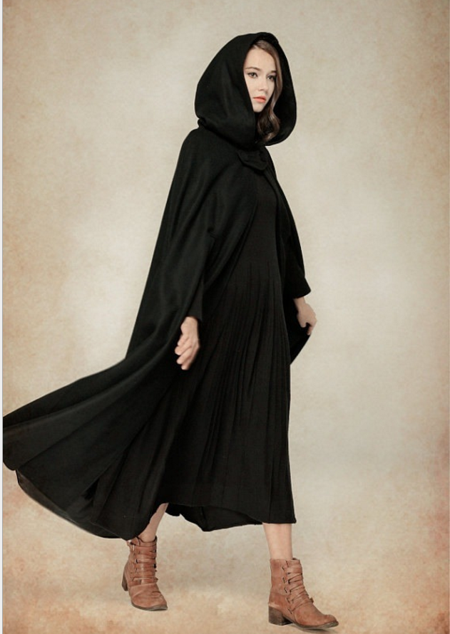Women Lady Warm Long Maxi Cape Cloak Coat Hooded Loose Vintage Cloak ...