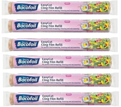 6 x Bacofoil EasyCut Cling Film Refill Roll Food Wrapping Microwaving ...