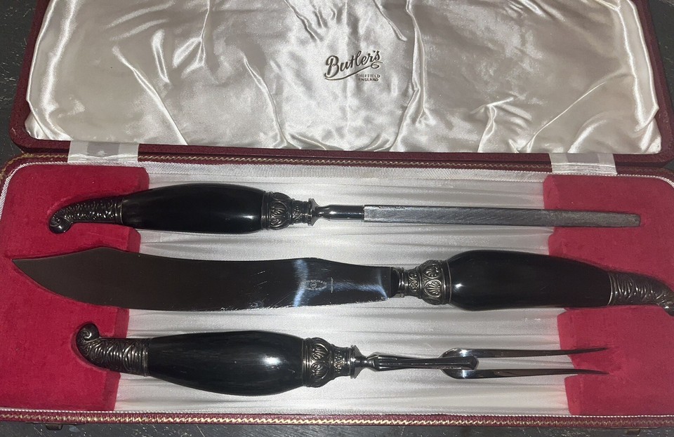 George Butler, Sheffield Buffalo Horn Handled Carving set Red case ...