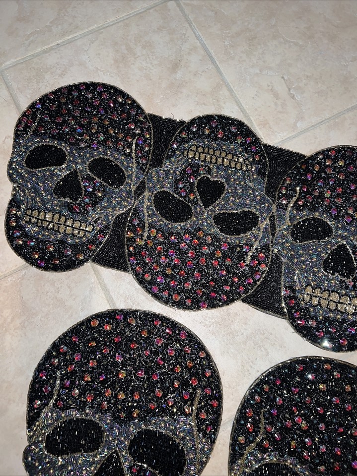 Tahari Beaded Halloween Skulls Table Runner Centerpiece & Charger Set ...