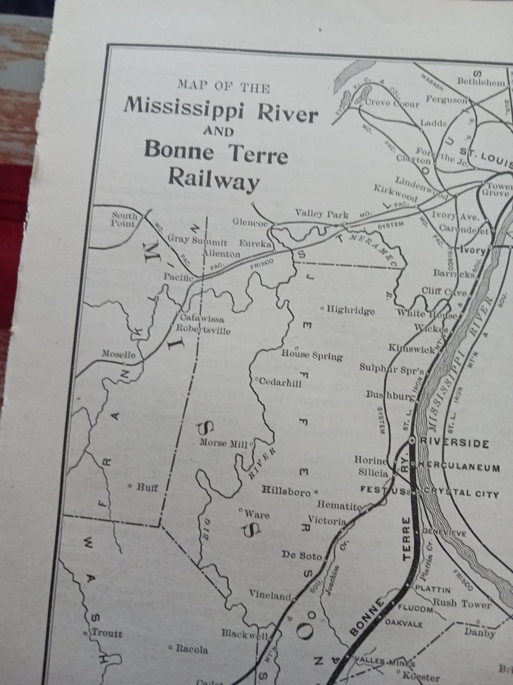 1910 Train route Map MISSISSIPPI RIVER & BONNE TERRE RAILWAY rare ...