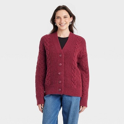 Women's Cozy Knit Cable Stitch Cardigan - Universal Thread Maroon M | eBay