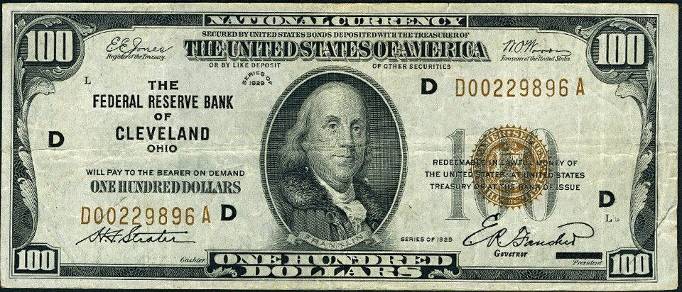 FR. 1890 D $100 1929 Federal Reserve Bank Note Cleveland D-A Block VF ...