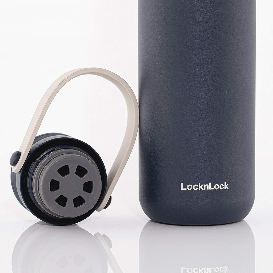 LocknLock Metro Tumbler Double Cap S/S Bottle w/ Hand Strap 24oz, Navy ...