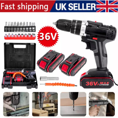 36V CORDLESS DRILL HEAVY DUTY IMPACT DRIVER KIT BRUSHLESS HAMMER +2 ...