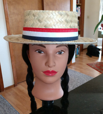 100% STRAW PANAMA WIDE BRIM PATRIOTIC SKIMMER BOAT HAT RED WHITE BLUE ...