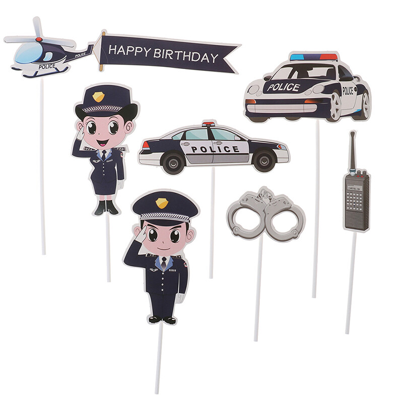 PRECUT Cartoon Police Car Plane Handcuffs Birthday Cupcake Toppers ...