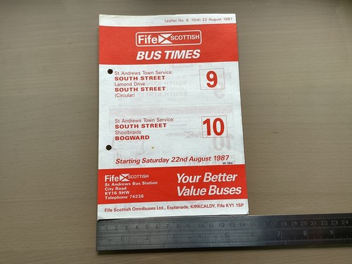 Fife Scottish Bus Group Route 9 10 Timetable August 1987 St Andrews ...