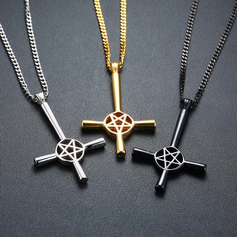 Inverted Cross Pentagram Star Pendant Men Necklace Chain Satanic Choker ...