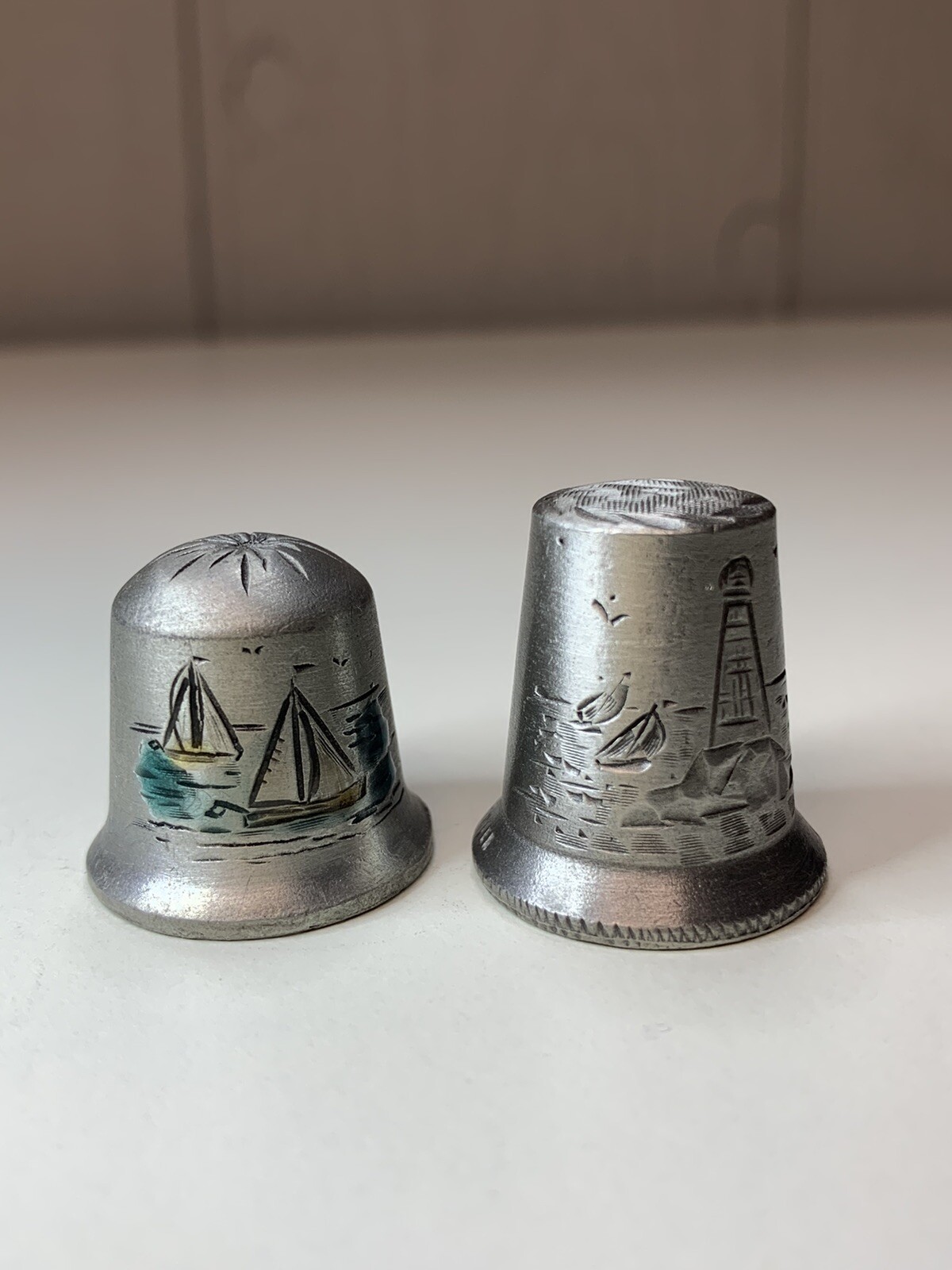 Vintage Sailboats Ocean Lighthouse Spoontiques Pewter Thimble Lot of 2 ...