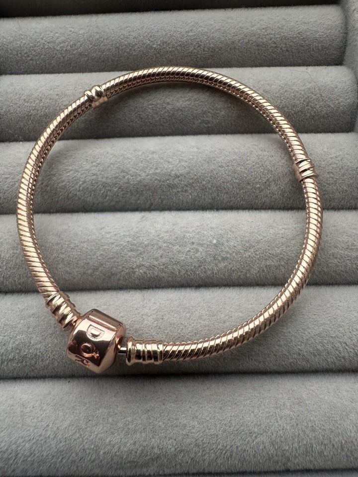 Pandora S925 Classic Square Rose Gold Buckle Snake Chain Charm Bracelet ...