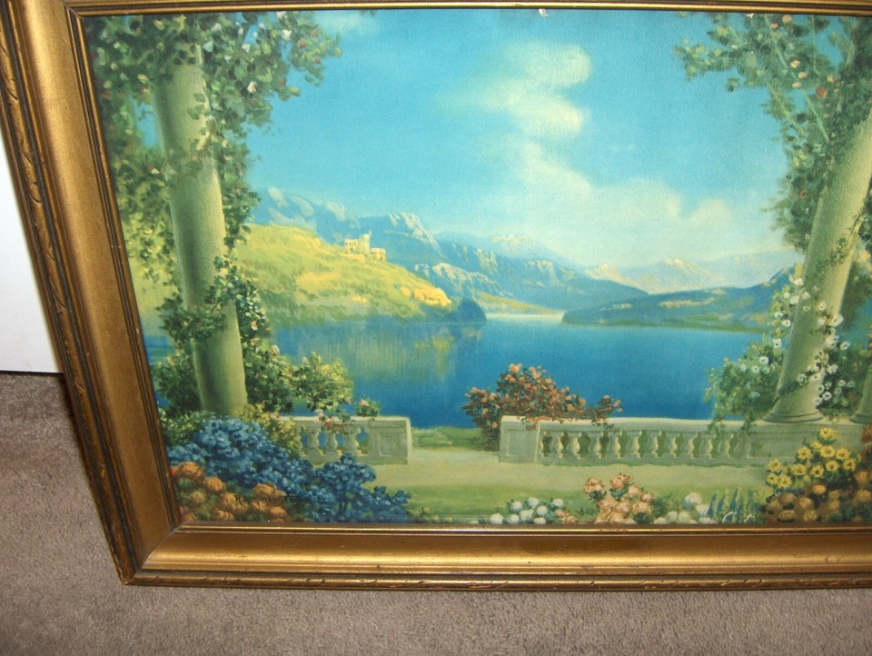 Vntg R.Atkinson Fox Framed Print Blue Lake Columns Flowers Landscape ...