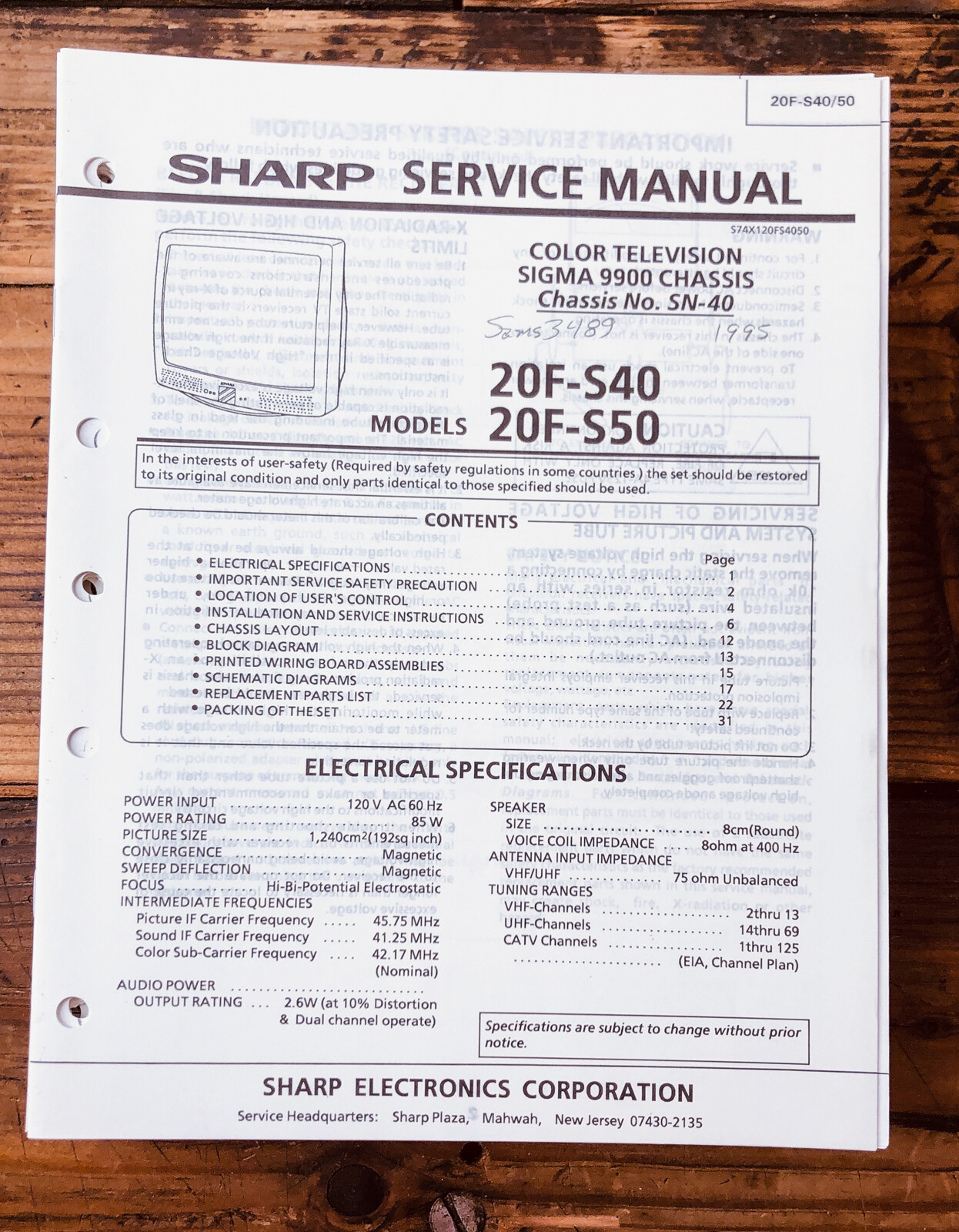 Sharp 20F-S40 20F-S50 TV Service Manual *Original* | eBay
