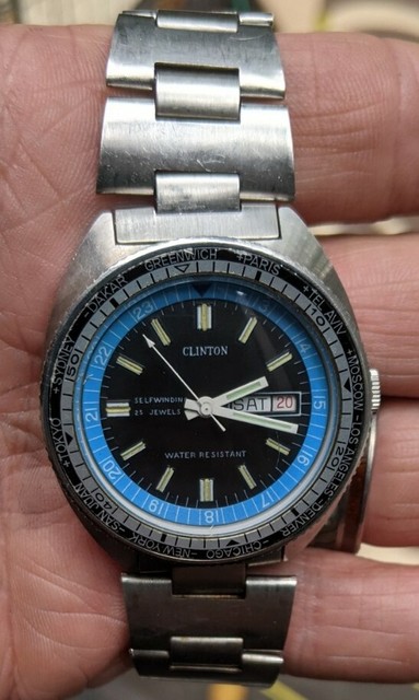 Vintage Clinton Automatic 25 JEWEL Self WINDING World Time Watch for ...