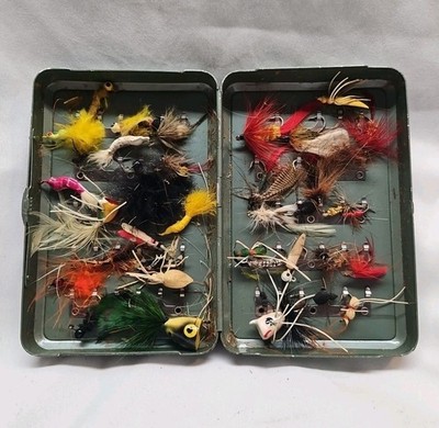 Vintage Green Metal FLY BOX Ventilated Box PACKED with Vintage Flies ...