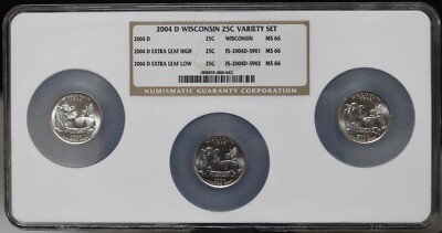 2004-D Wisconsin Quarter 3 Coin Variety , NGC MS 66 Matched Set Leaf ...