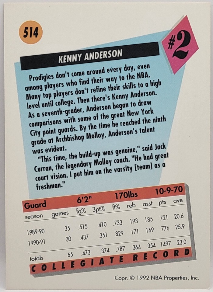 91-92 Skybox Kenny Anderson Rookie Card (New Jersey Nets) | eBay