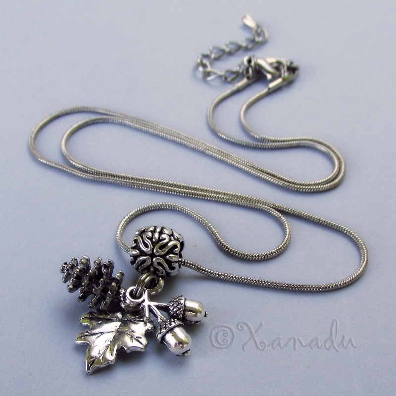 Silver Autumn Fall Pendant Necklace With Pine Cone, Acorn And Leaf ...