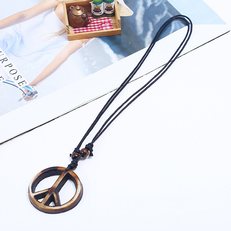 Retro Handmade Peace Symbol Pendant Necklace Long Rope Chain Ethnic ...