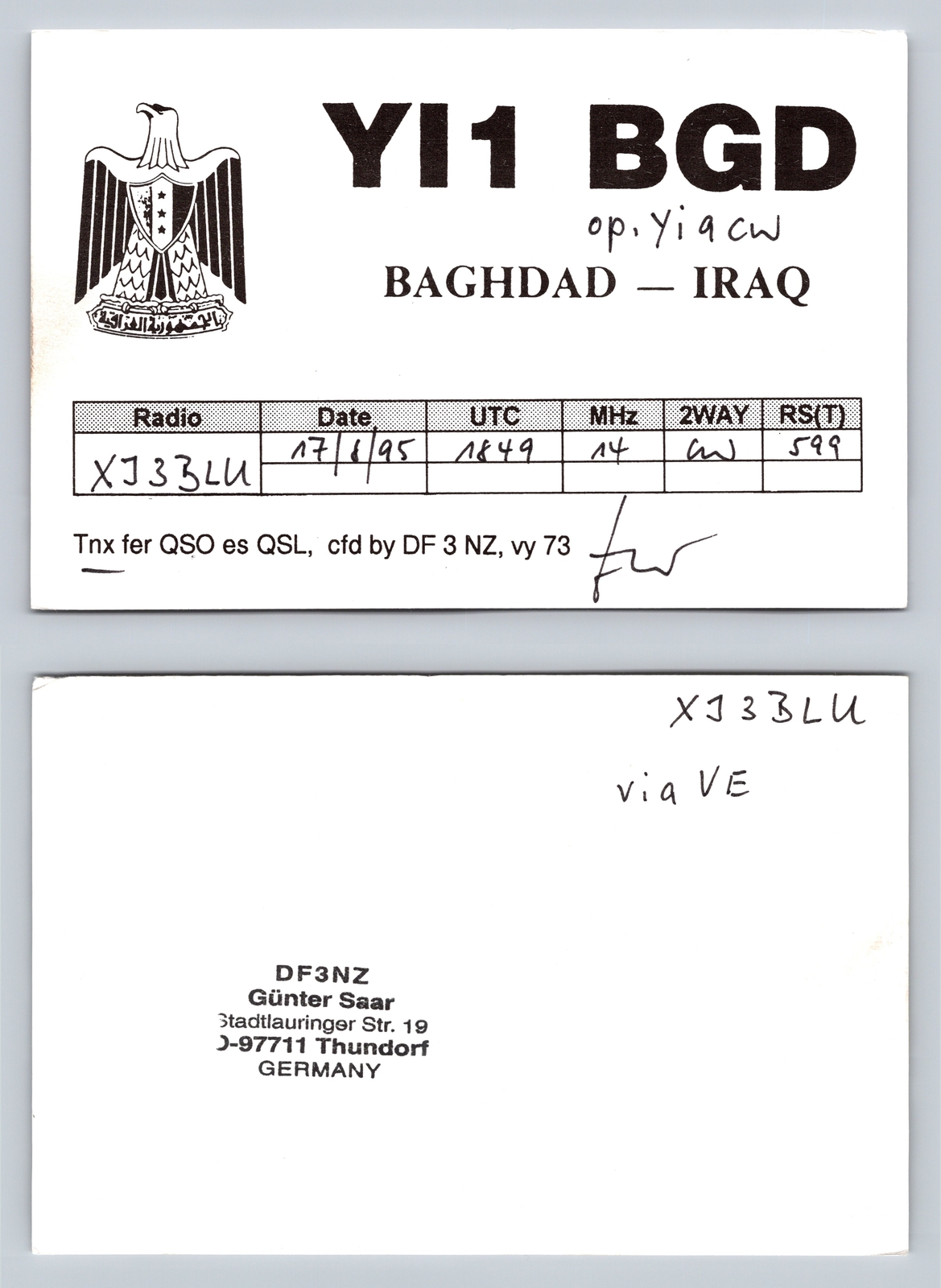 Ham Radio QSL QSO Postcard XJ33LU, Baghdad, Iraq | eBay