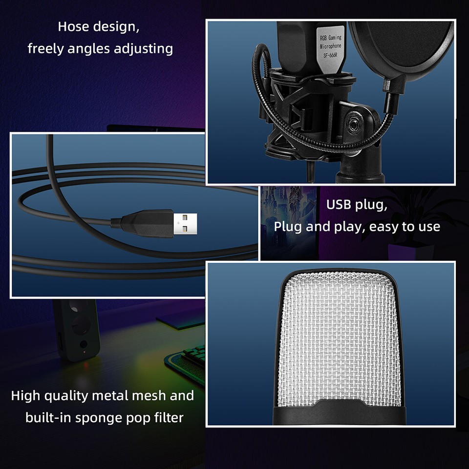 RGB USB Condenser Recording Microphone Pop Filter Mic for PS4 PS5 PC ...
