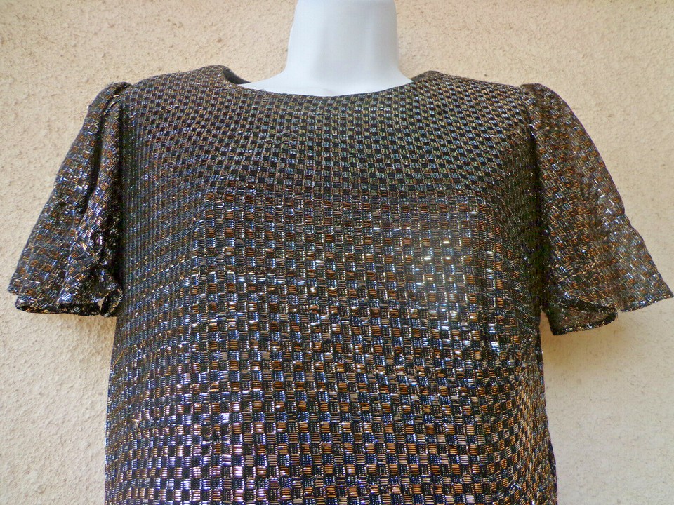 VTG 80s DISCO DRESS Metallic Gold Black 1920s Style Drop Waist Party ...
