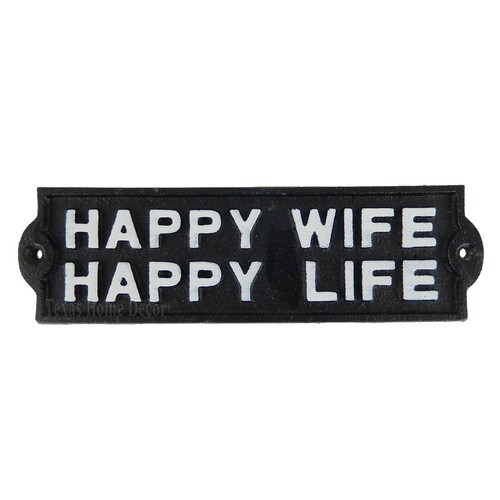Happy Wife Happy Life Cast Iron Plaque Sign Humorous Man Cave Black ...