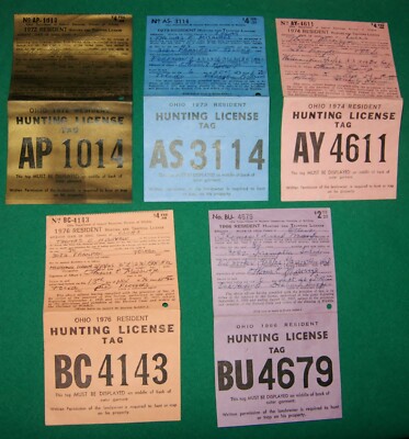 5 Antique Vintage Ohio Hunting Licenses Back Tags 1966 1974 1973 1972 ...