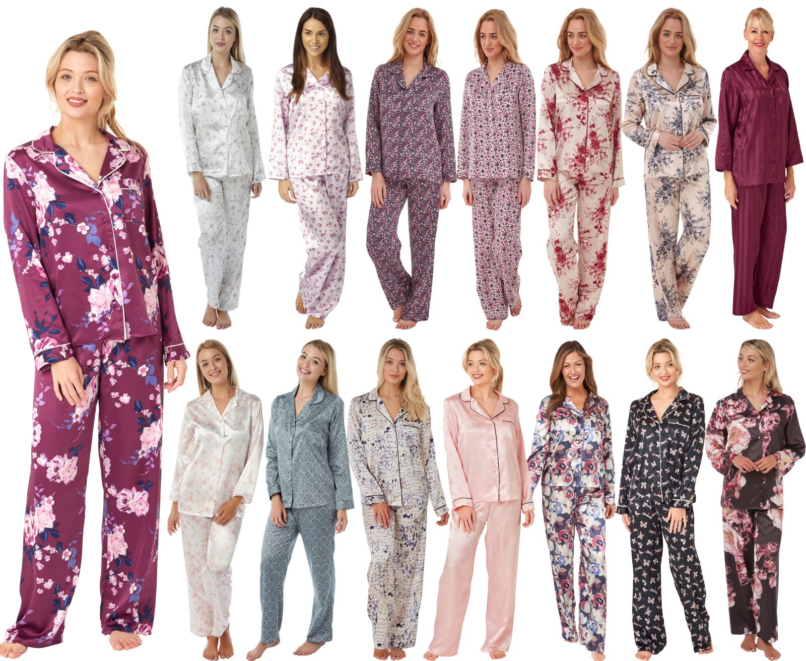 Ladies Sexy Floral Patterned Satin PJs Pyjamas Pajamas Set Full Length ...
