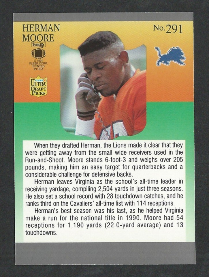 1991 Fleer Ultra #291 HERMAN MOORE Detroit Lions ROOKIE CARD | eBay