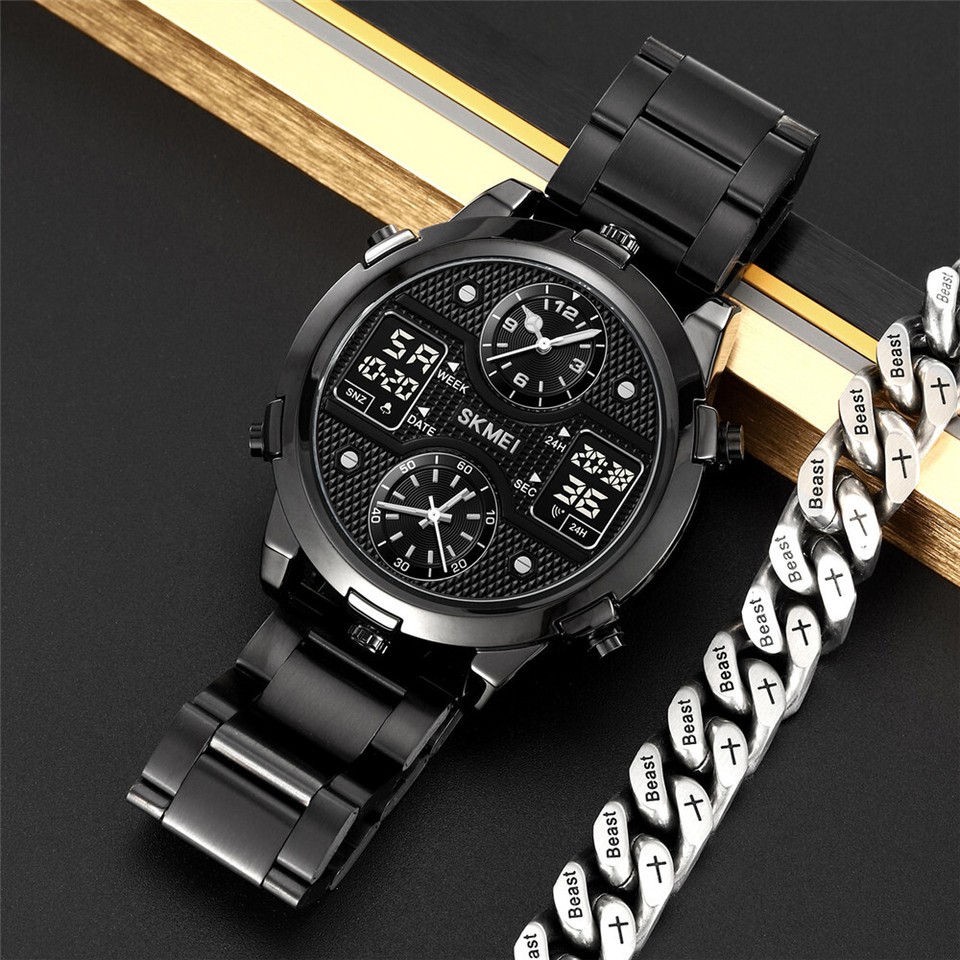 SKMEI Men Quartz Watch Dual Time Military Wristwatch Male Steel Digital ...