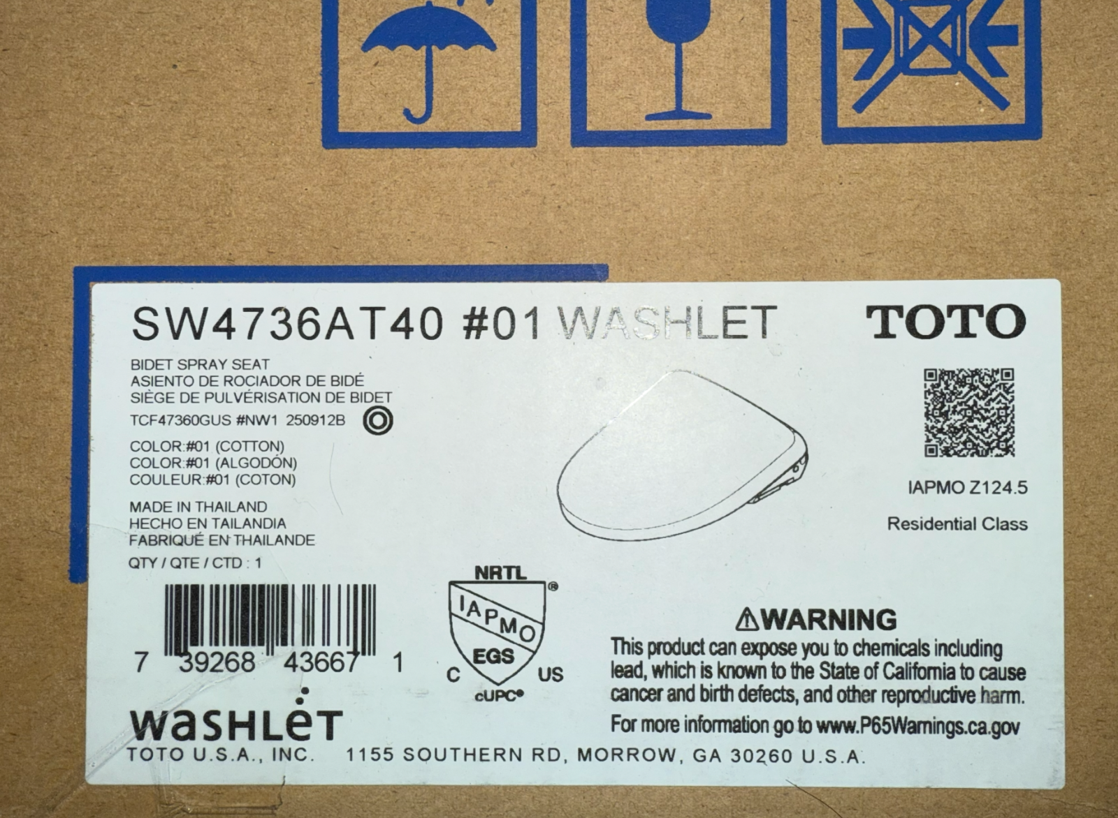 TOTO S7A Washlet Elongated Bidet Toilet Seat SW4736AT40#01 EWater+ Auto ...