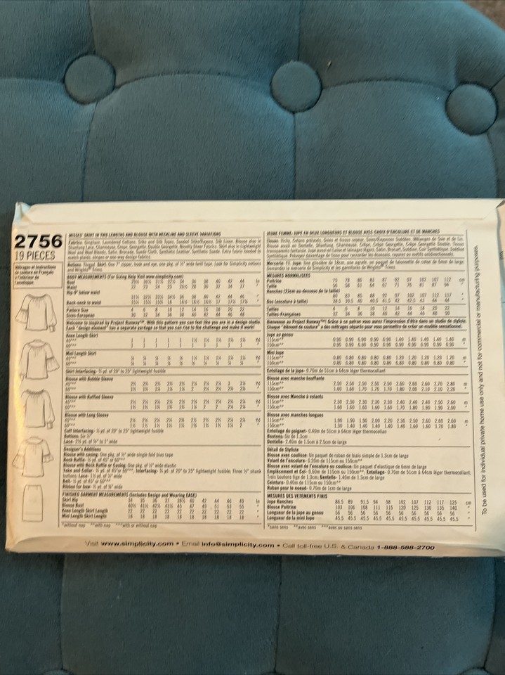 Simplicity #2756 Runway Skirt and Blouse w/Variations Pattern Size 14 ...