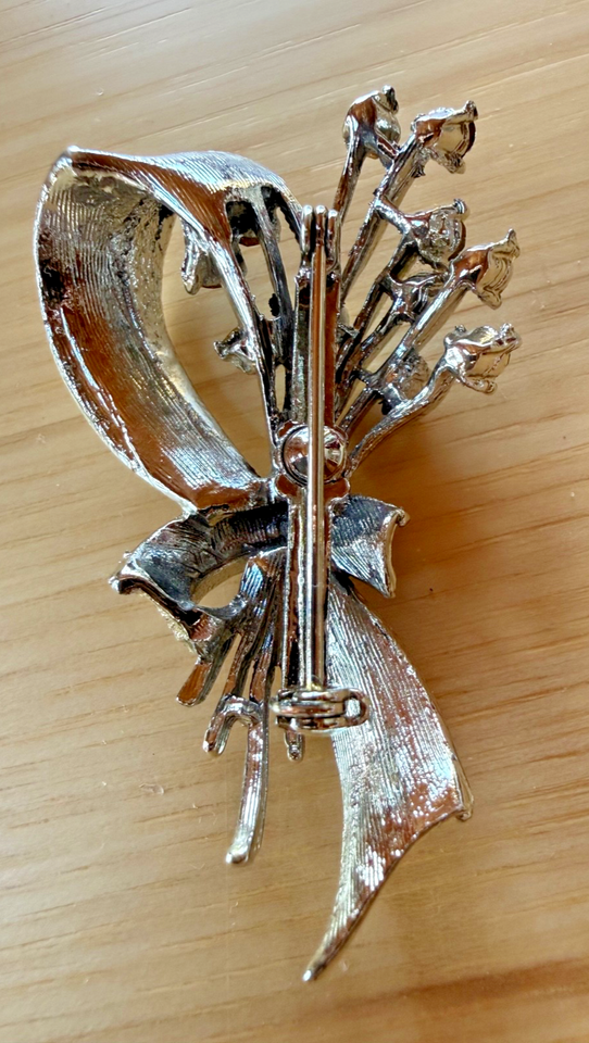 Silver Ribbon Wrapped Bouquet Brooch Vintage Clear Rhinestones Art Deco ...