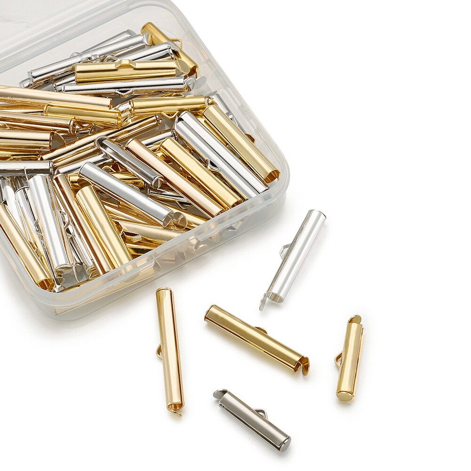1Box Brass Slide On End Clasp Tubes Slider End Caps Crimp End Tube 19.5 ...
