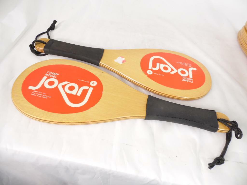 SET OF 2 VINTAGE JOKARI HARD WOOD PADDLES W RUBBER HANDLE AND WRIST ...