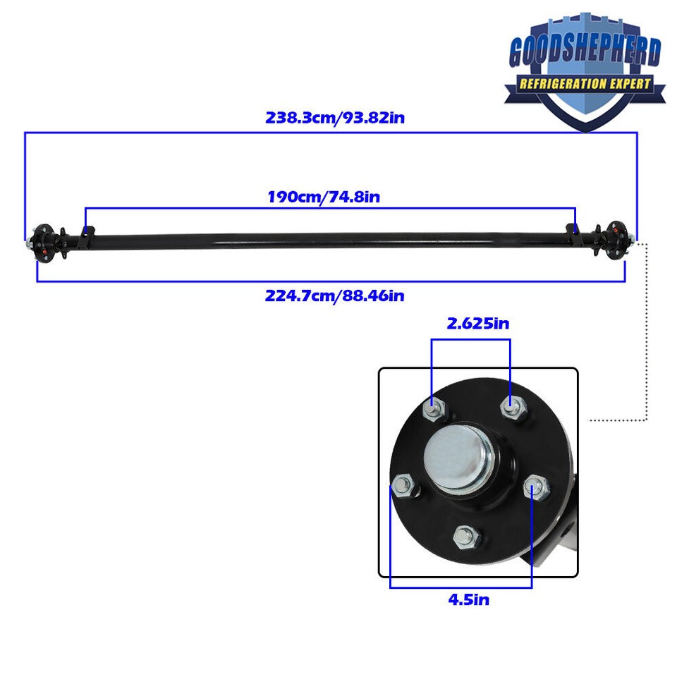 3.5K Trailer Axle 5 lug 5 on 4.5" 89" Hub Face 74" Spring Center 76 ...