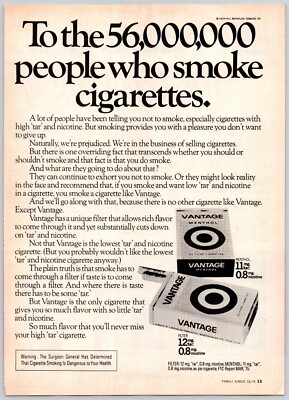 1975 PRINT AD Vantage To the 56,000,000 Who Smoke Cigarettes Low Tar ...