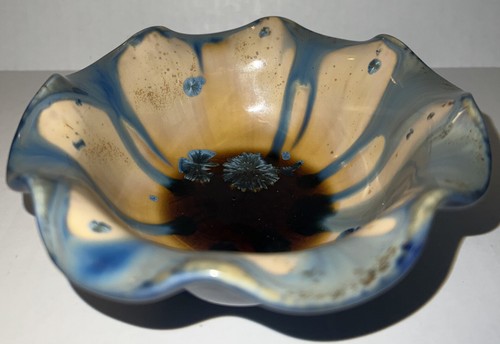 EDGECOMB Pottery Maine Teal Blue Yellow Floral Fluted Edge Drip Glaze ...