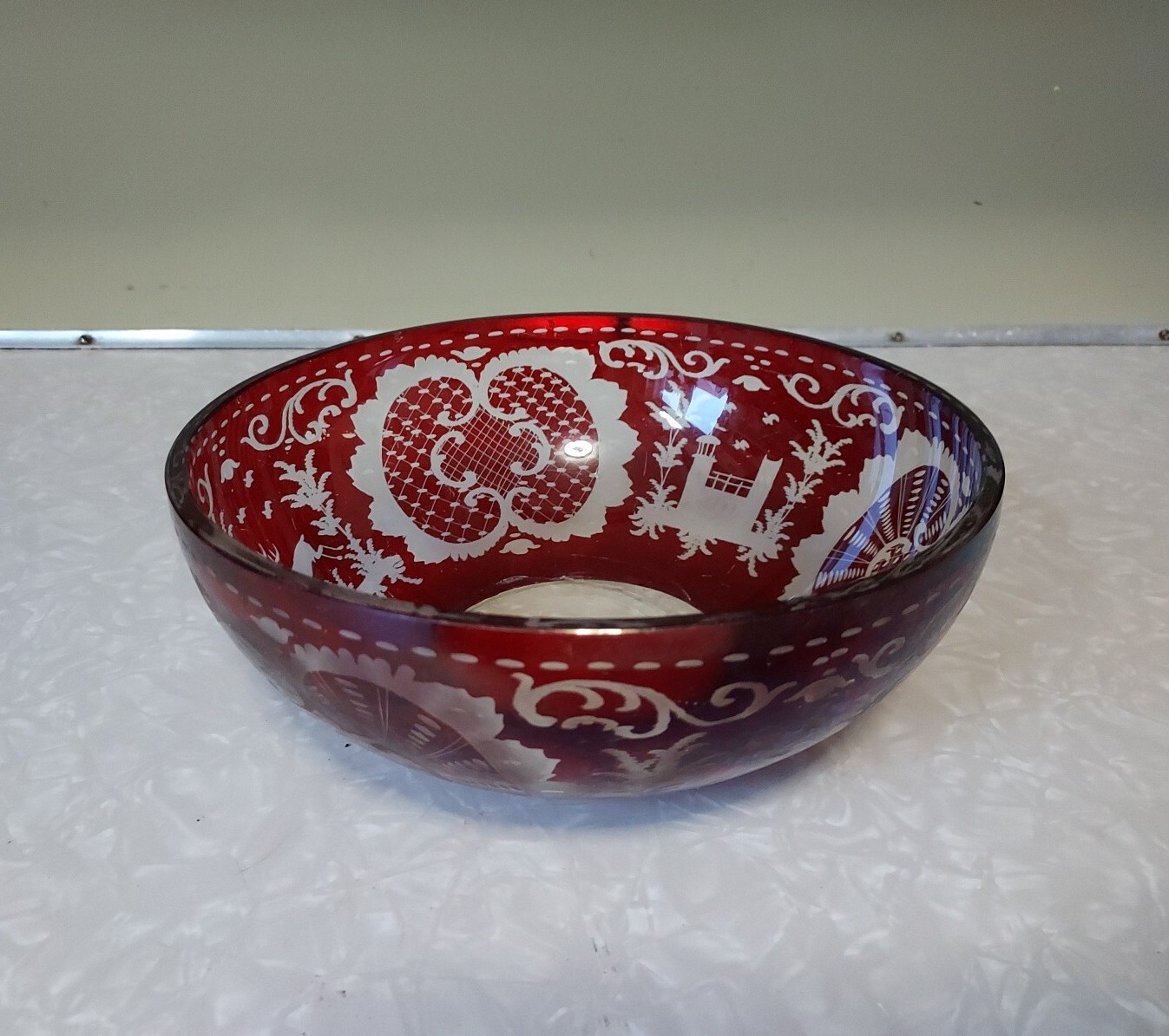 Vintage Bohemian Ruby Red Bowl Cut To Clear Glass Castle Deer 8 Inch | eBay
