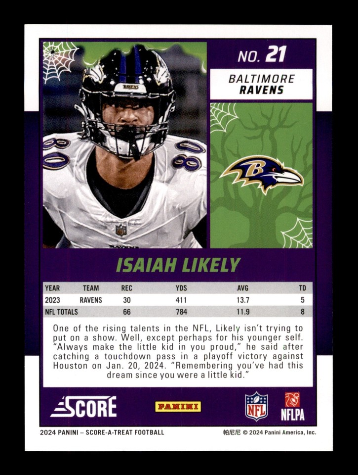 2024 Score-A-Treat #21 Isaiah Likely Baltimore Ravens | eBay