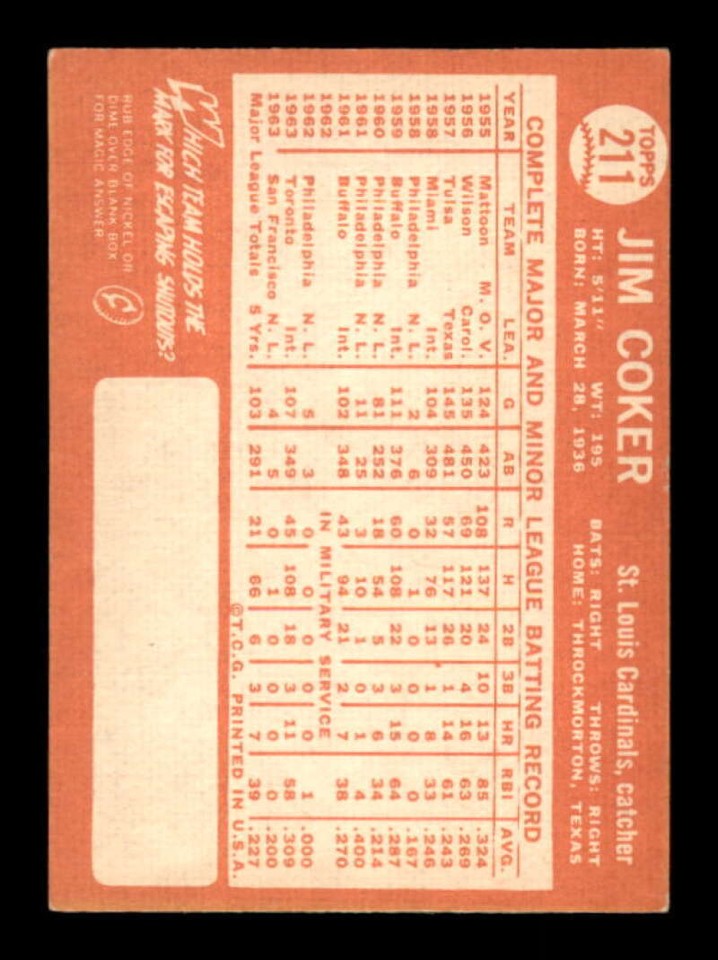 1964 Topps #211 Jimmie Coker VG/VGEX Cardinals 558474 | eBay