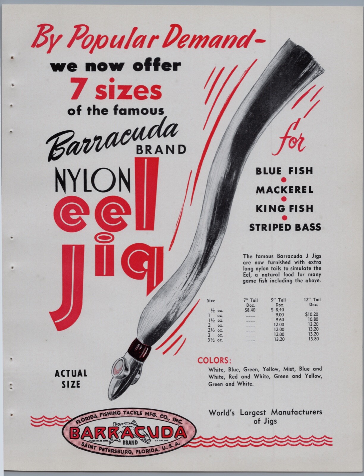 Barracuda EEL JIG Fishing Lures c1955 St Petersburg FL. Print Ad Flyer ...