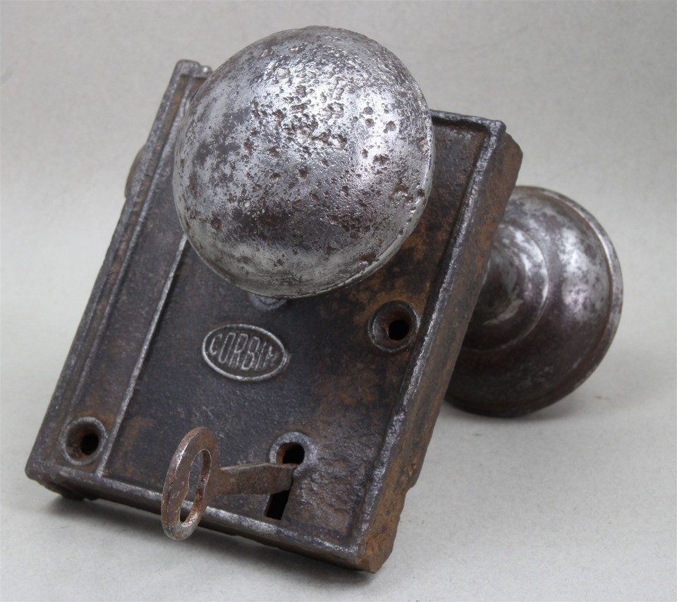 Antique CORBIN Door Mortise Lock Set w/Skeleton Key Metal Door Knobs | eBay